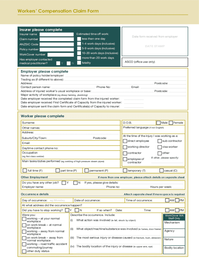 Fillable Online Workers Compensation Claim Form Employer's ... - Zurich ...