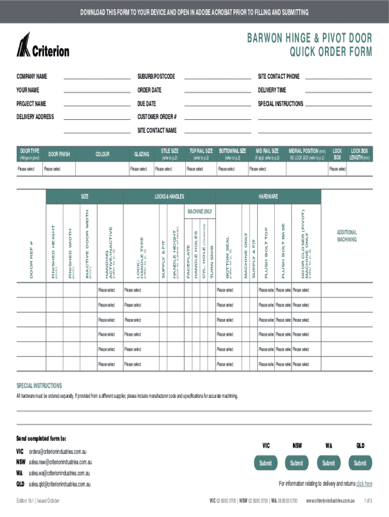 Fillable Online BARWON HINGE & PIVOT DOOR Fax Email Print - pdfFiller