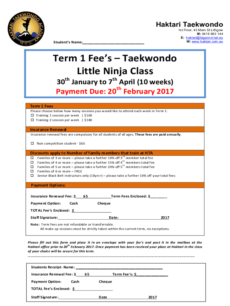 Fillable Online Term 1 Fees Taekwondo Little Ninja Class - Haktari Fax ...