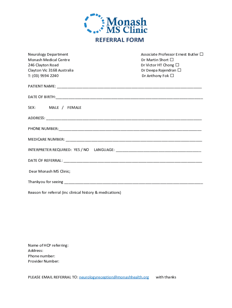 Fillable Online REFERRAL FORM - Monash MS Clinic Fax Email Print ...