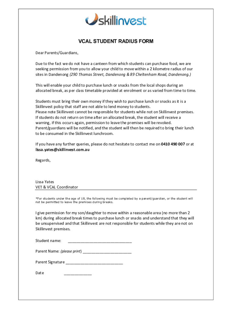 Fillable Online DRAFT - VCAL Student Radius Form Fax Email Print ...