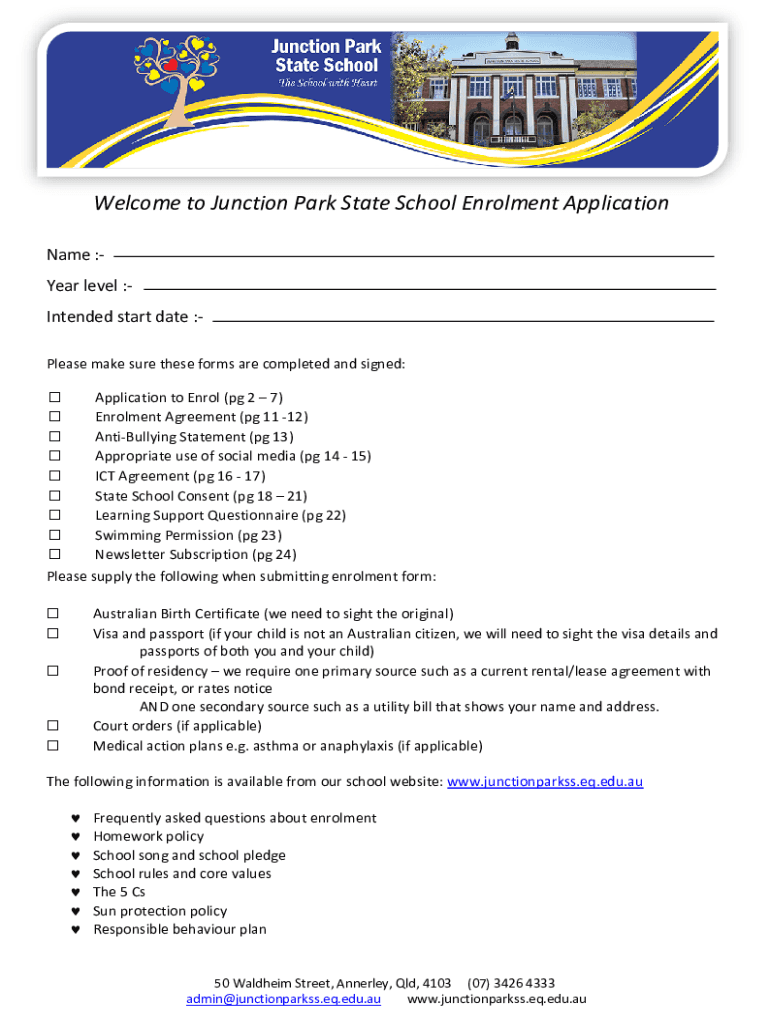 Fillable Online Welcome to Junction Park State School Enrolment ...