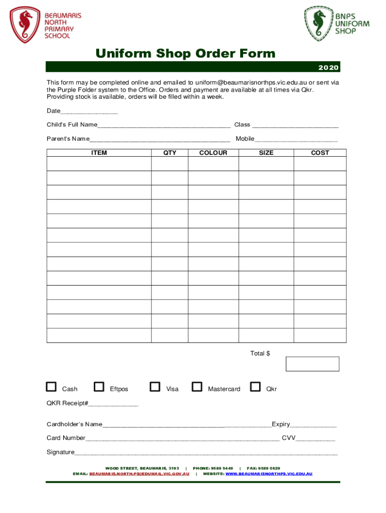 Fillable Online beaumarisnorthps vic edu Uniform Shop Order Form 2020 - beaumarisnorthps.vic.edu ...