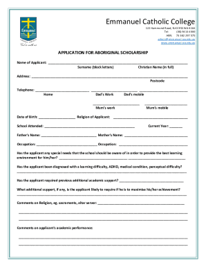 Fillable Online APPLICATION FOR ABORIGINAL SCHOLARSHIP - emmanuel.wa ...