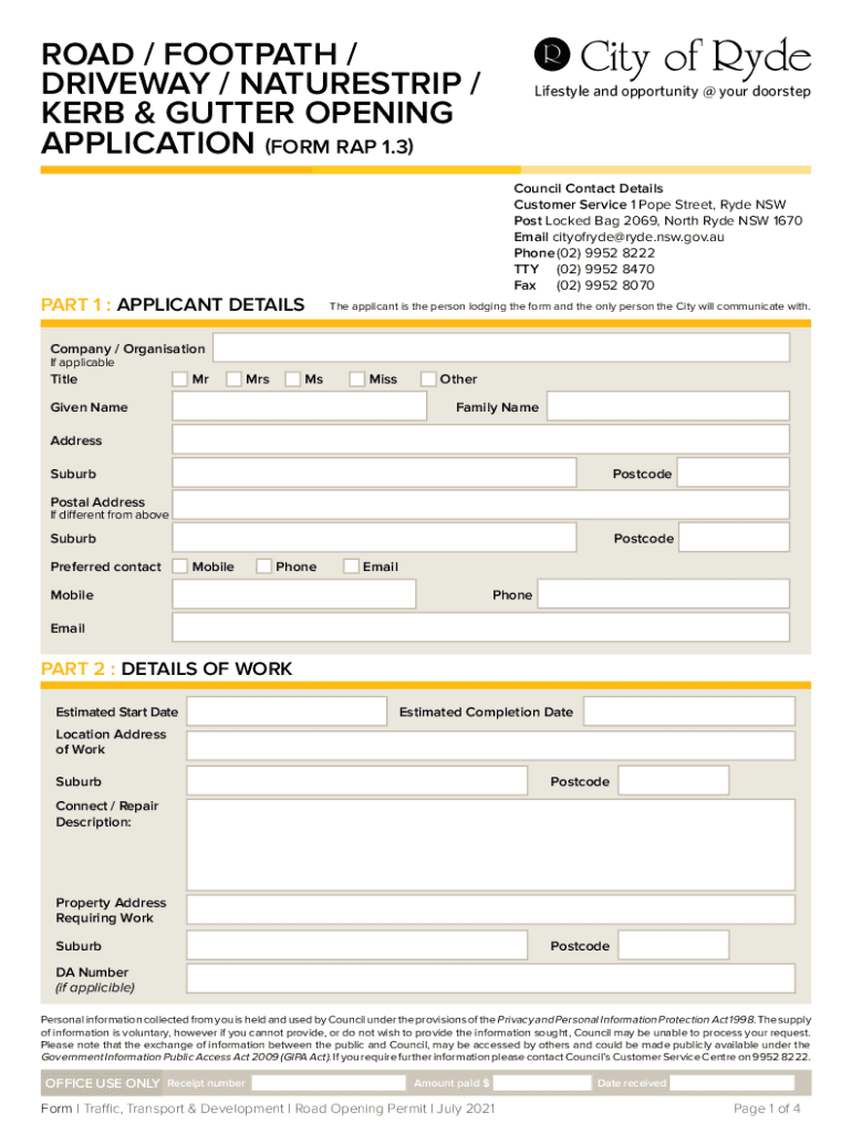 Fillable Online ROAD / FOOTPATH / DRIVEWAY / NATURESTRIP ... - City of Ryde Fax Email Print ...
