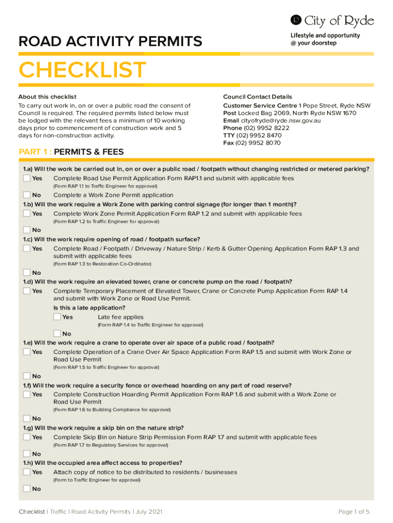 Fillable Online ROAD ACTIVITY PERMITS CHECKLIST - ryde.nsw.gov.au Fax ...
