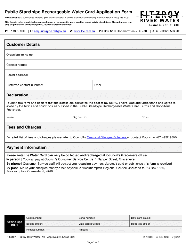 Fillable Online RRC107 Public Standpipe Rechargeable Water Card Application Form (V3) Fax Email ...