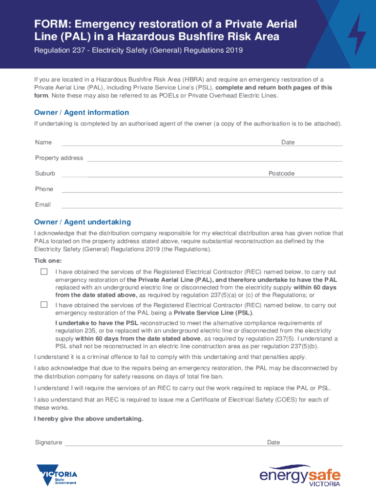 Fillable Online FORM: Emergency restoration of a Private Aerial Line ...