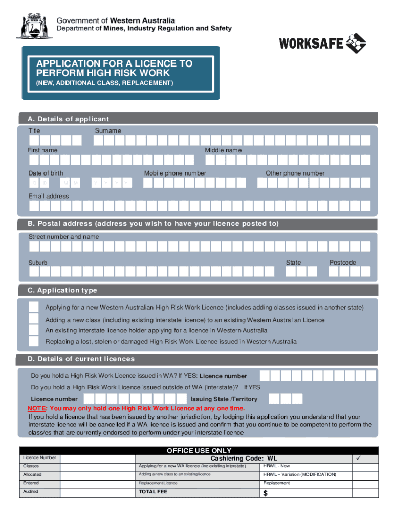 Fillable Online Application for a licence to perform high risk work ...