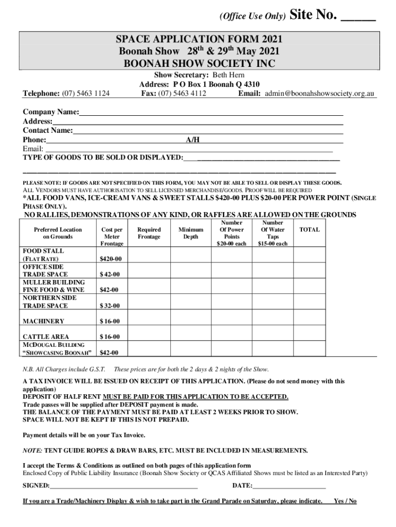 Fillable Online boonahshowsociety org SPACE APPLICATION FORM 2021 ...