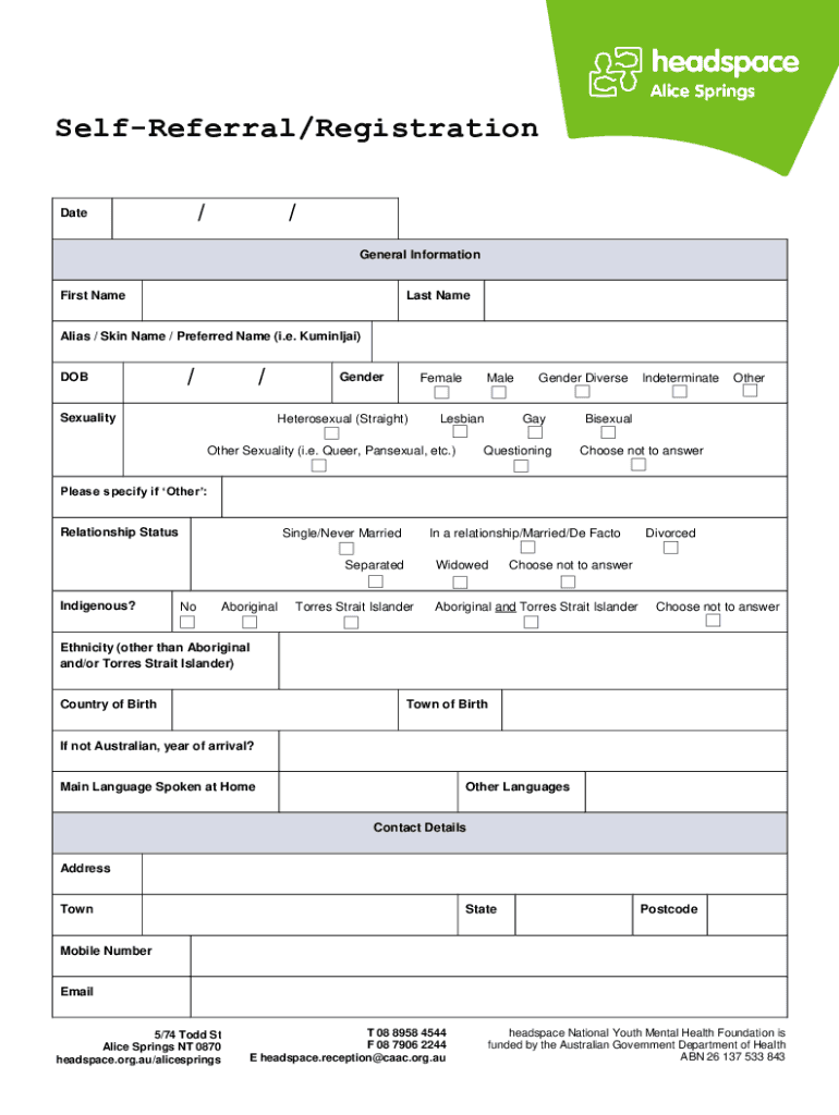 Fillable Online Self-Referral Registration Form - headspace Fax Email ...