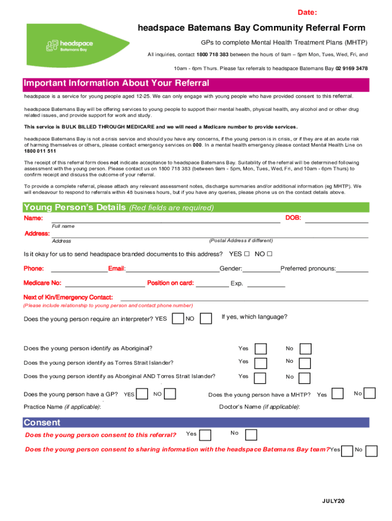 Fillable Online headspace Batemans Bay Community Referral Form Fax ...
