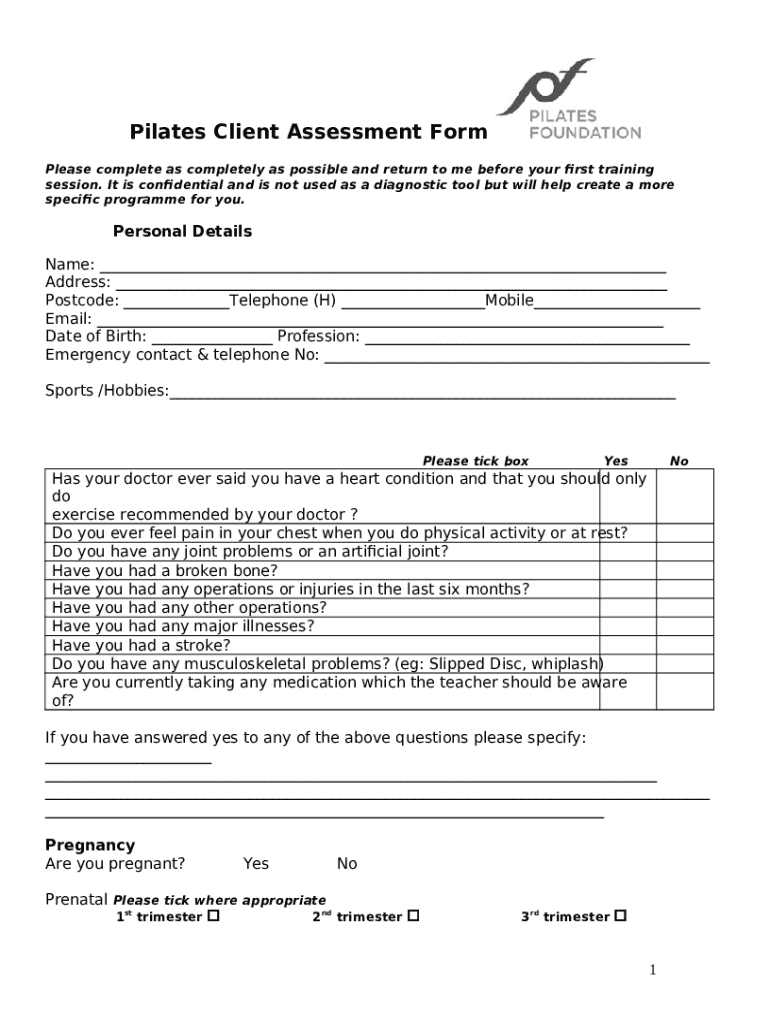 Pilates Client Assessment - Pilates with Michelle Doc Template | pdfFiller
