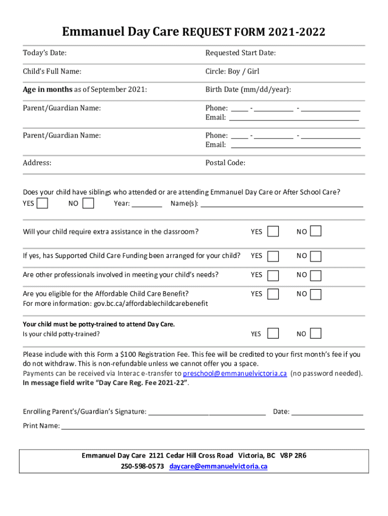 Fillable Online Emmanuel Day Care REQUEST FORM 2021-2022 Fax Email ...