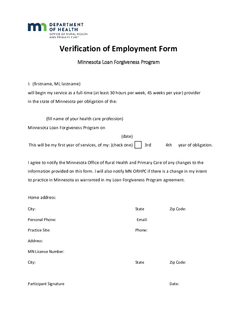 Fillable Online health mn Verification of Employment Form - Minnesota ...