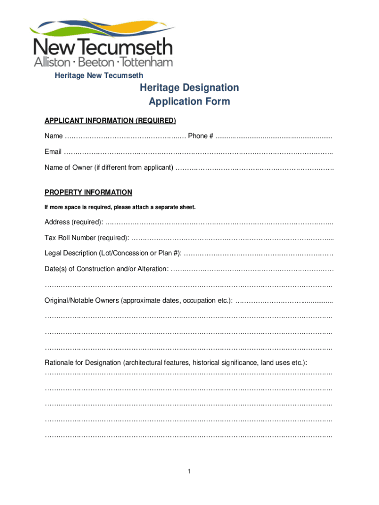 Fillable Online Heritage New Tecumseth Heritage Designation Application Form Fax Email Print ...