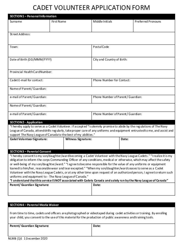 Fillable Online CADET VOLUNTEER APPLICATION FORM Fax Email Print ...