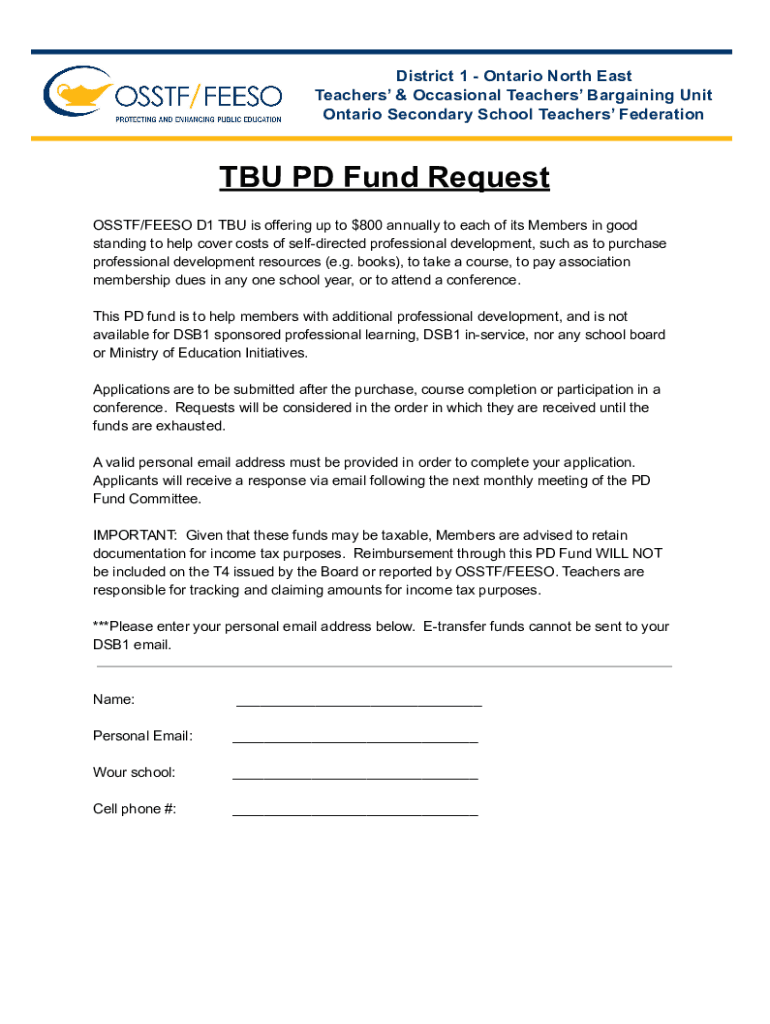 Fillable Online TBU - PD Fund Request Form Fax Email Print - pdfFiller