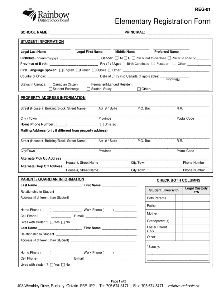 Fillable Online Elementary Registration Form - rainbowschools.ca Fax ...