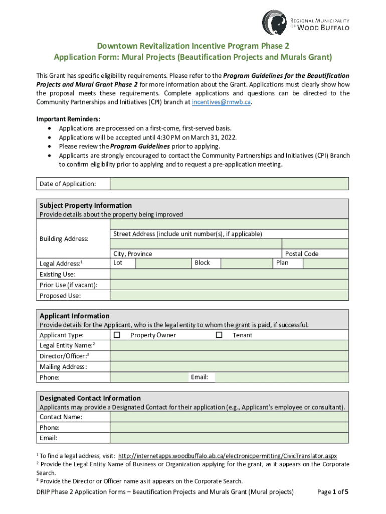 Fillable Online Downtown Revitalization Incentive Program Phase 2 Application Form: Mural ...