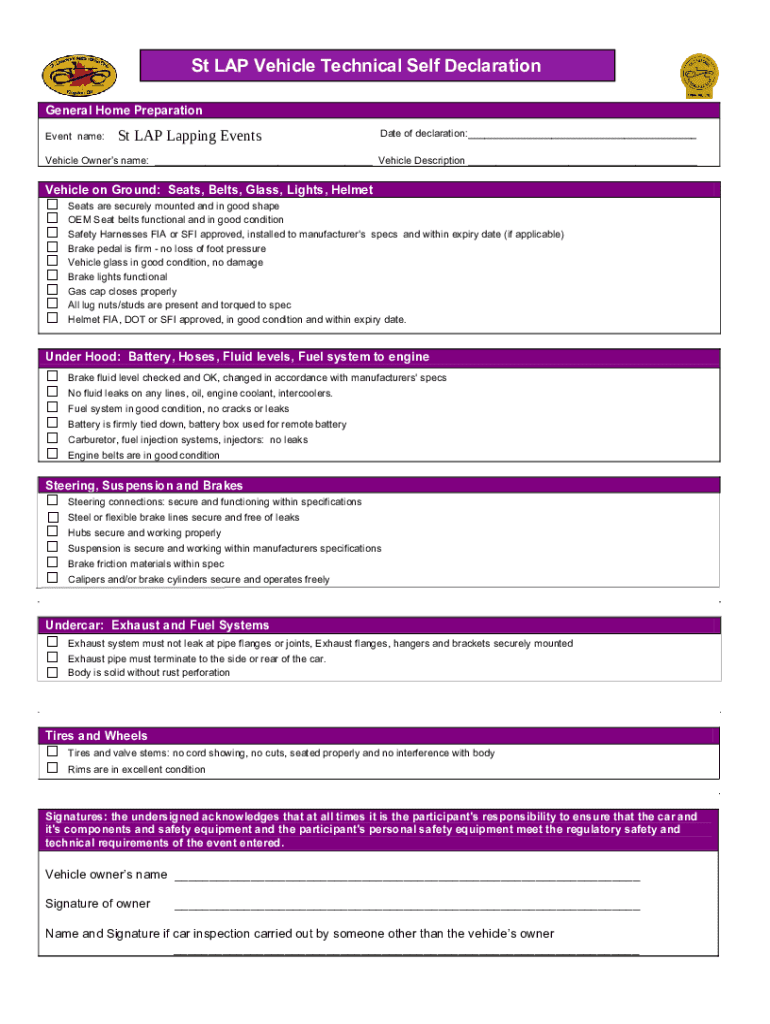 Fillable Online St LAP Vehicle Technical Self Declaration Fax Email ...