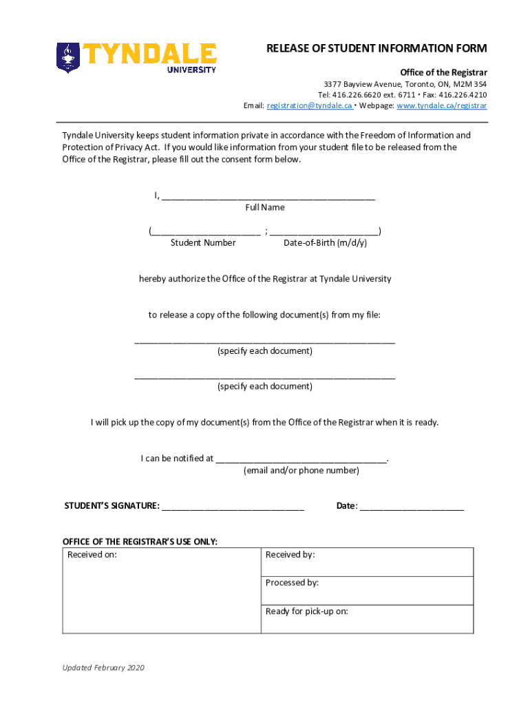 Fillable Online Student Status Verification Request Form - Tyndale Fax ...