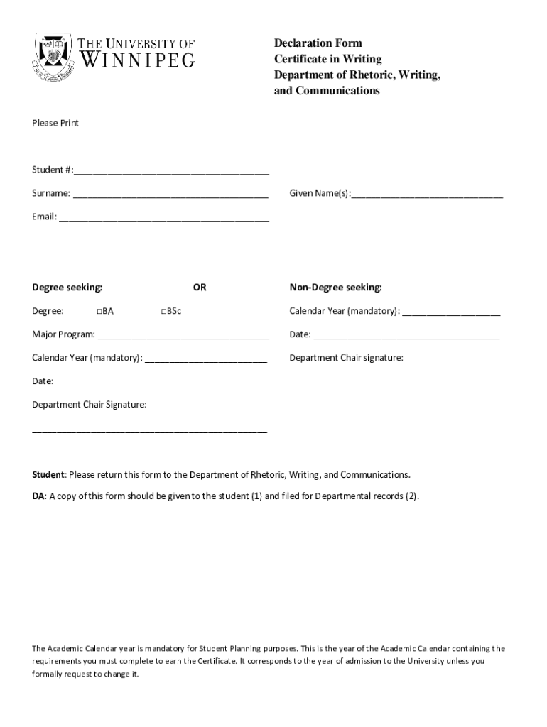 Fillable Online Declaration Form Certificate in Writing Department of ...
