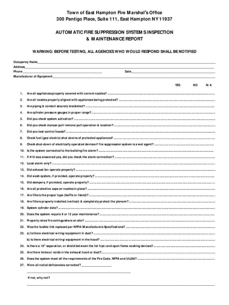 Fillable Online Automatic Fire Suppression Systems Inspection and ...
