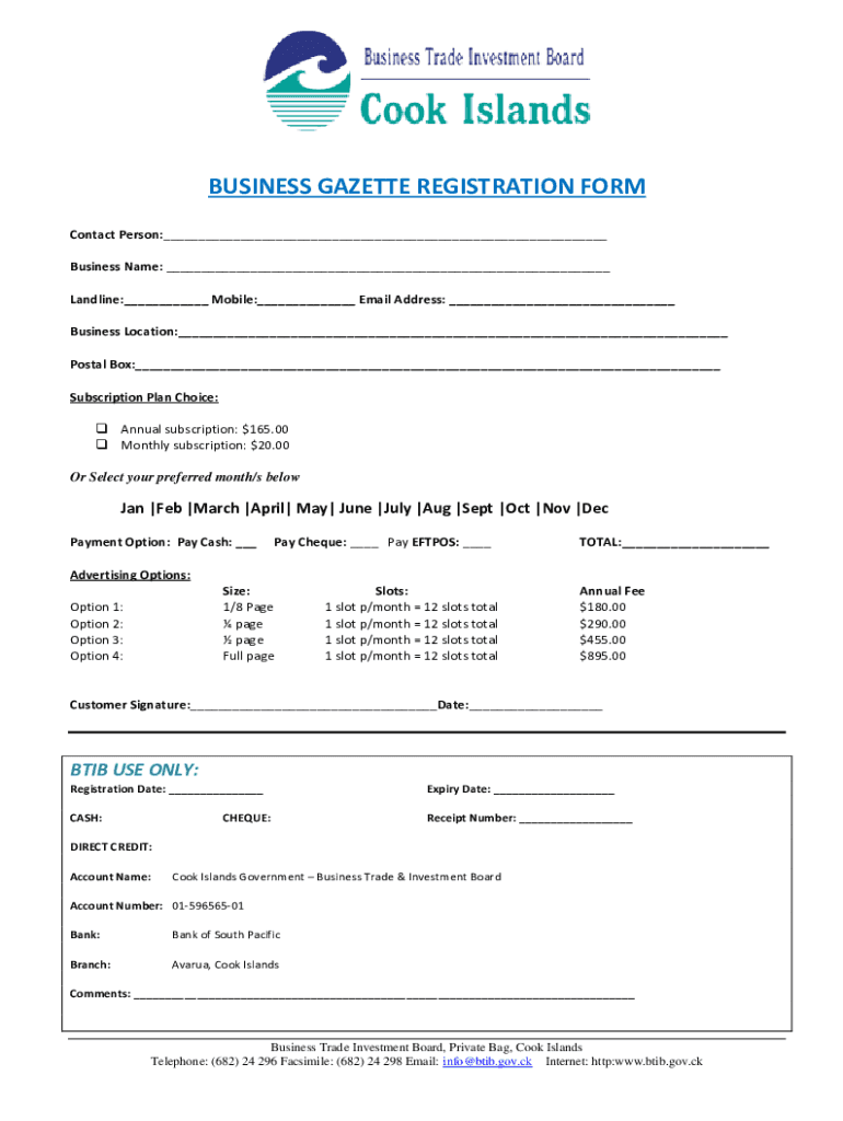Fillable Online btib gov APPLICATION FOR REGISTRATION for New Business ...