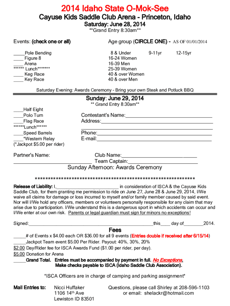 Fillable Online 2014 Idaho State O-Mok-See - Cayuse Kids Saddle Club ...