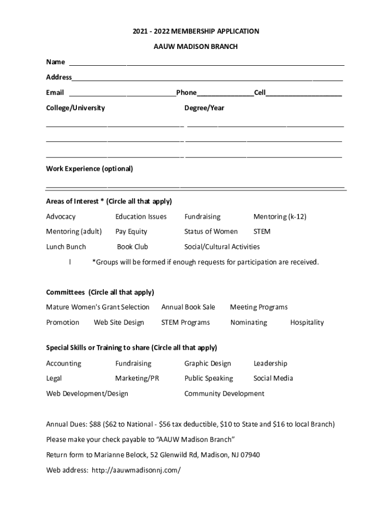 Fillable Online AAUW - membership form 2021 Fax Email Print - pdfFiller