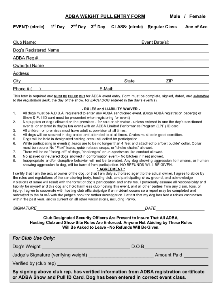 Fillable Online ADBA CONFORMATION ENTRY FORM Male / Female - adbadog ...