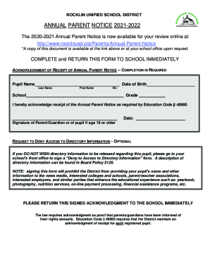 Fillable Online The 2020-2021 Annual Parent Notice is now available for ...
