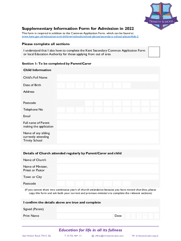 Fillable Online SUPPLEMENTARY INFORMATION FORM FOR ADMISSION Reception 2022 Return to the School ...