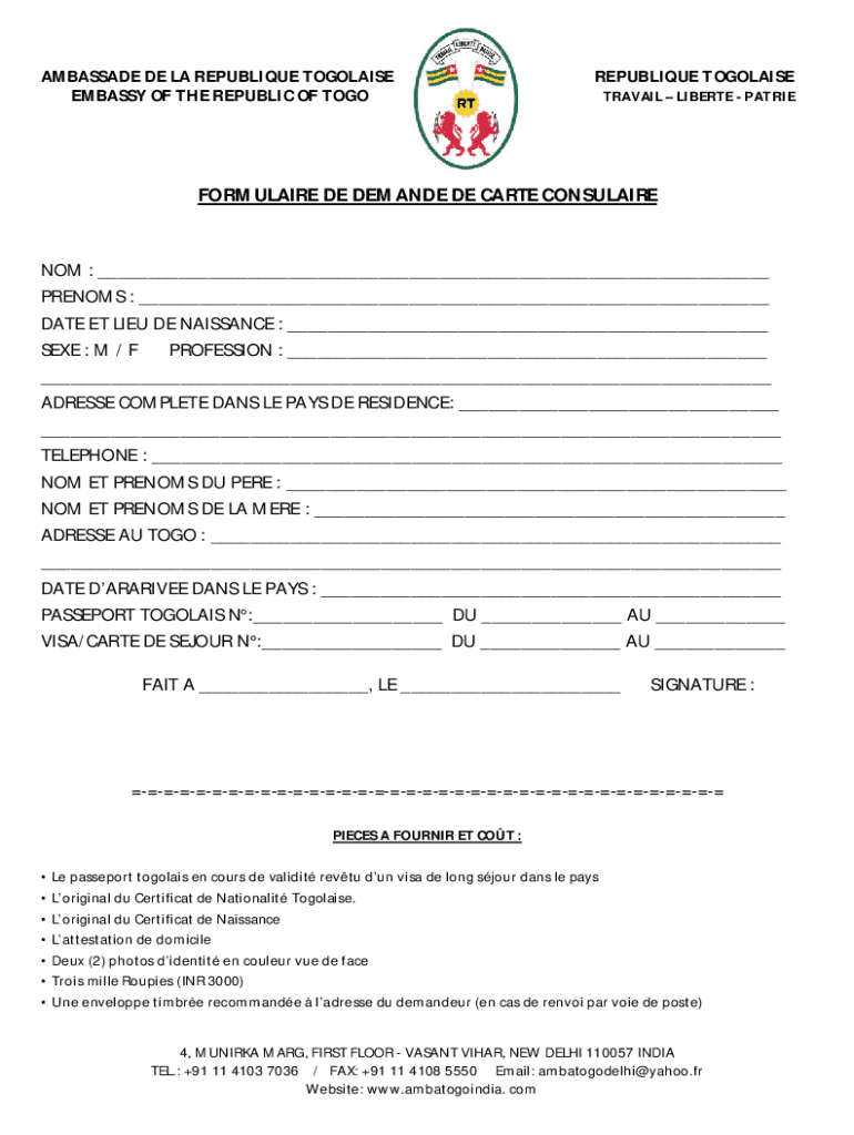 Remplissable En Ligne FORMULAIRE DE DEMANDE DE CARTE CONSULAIRE Fax Email Imprimer - pdfFiller
