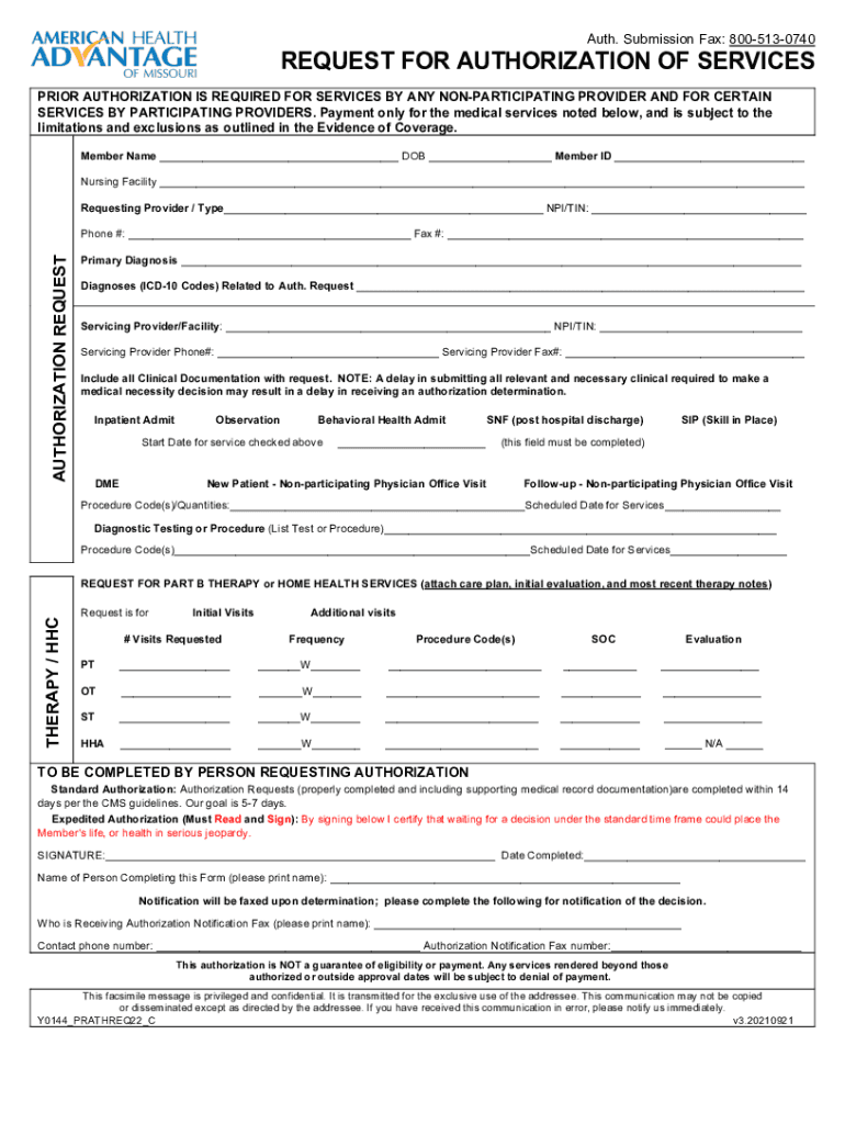 Fillable Online REQUEST FOR AUTHORIZATION OF SERVICES PRIOR ...