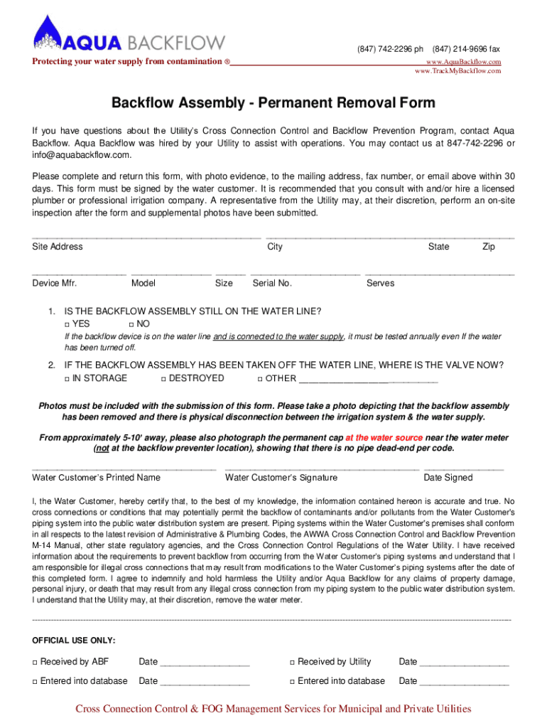 Fillable Online Backflow Assembly - Permanent Removal Form Fax Email ...