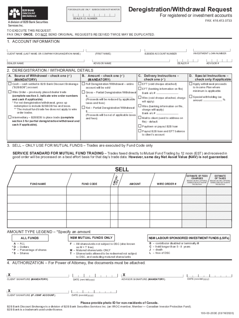 Fillable Online Deregistration and Withdrawal Request Form - B2B Bank ...