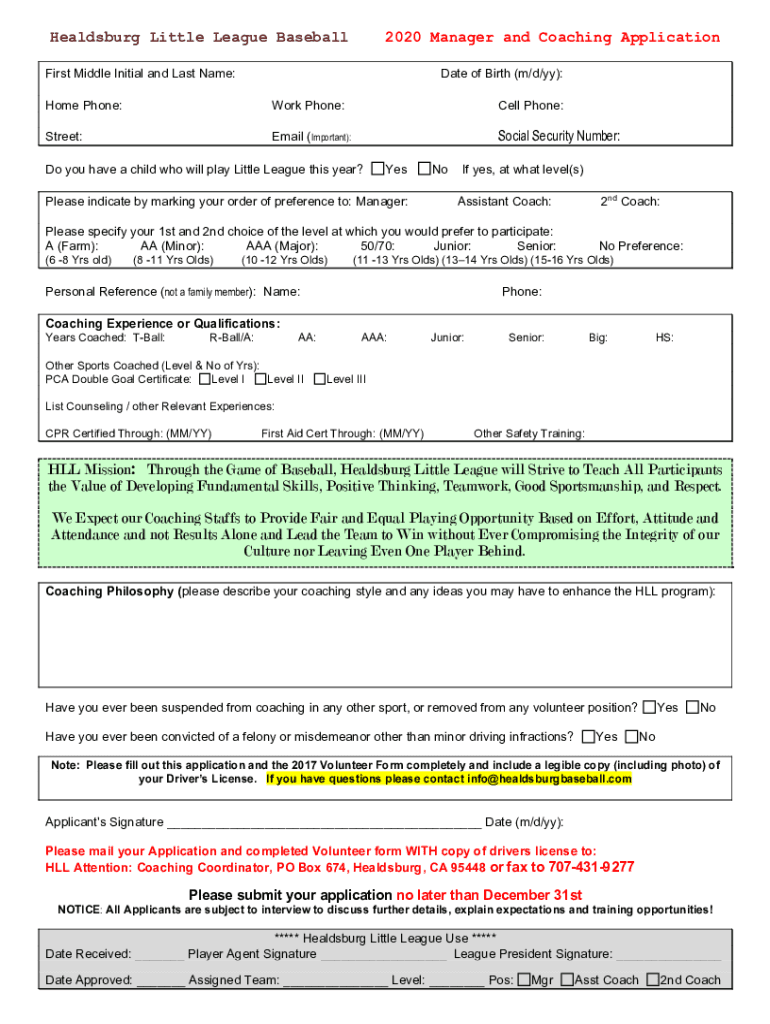 Fillable Online HLL 2020 Manager Coaching Application Fax Email Print ...