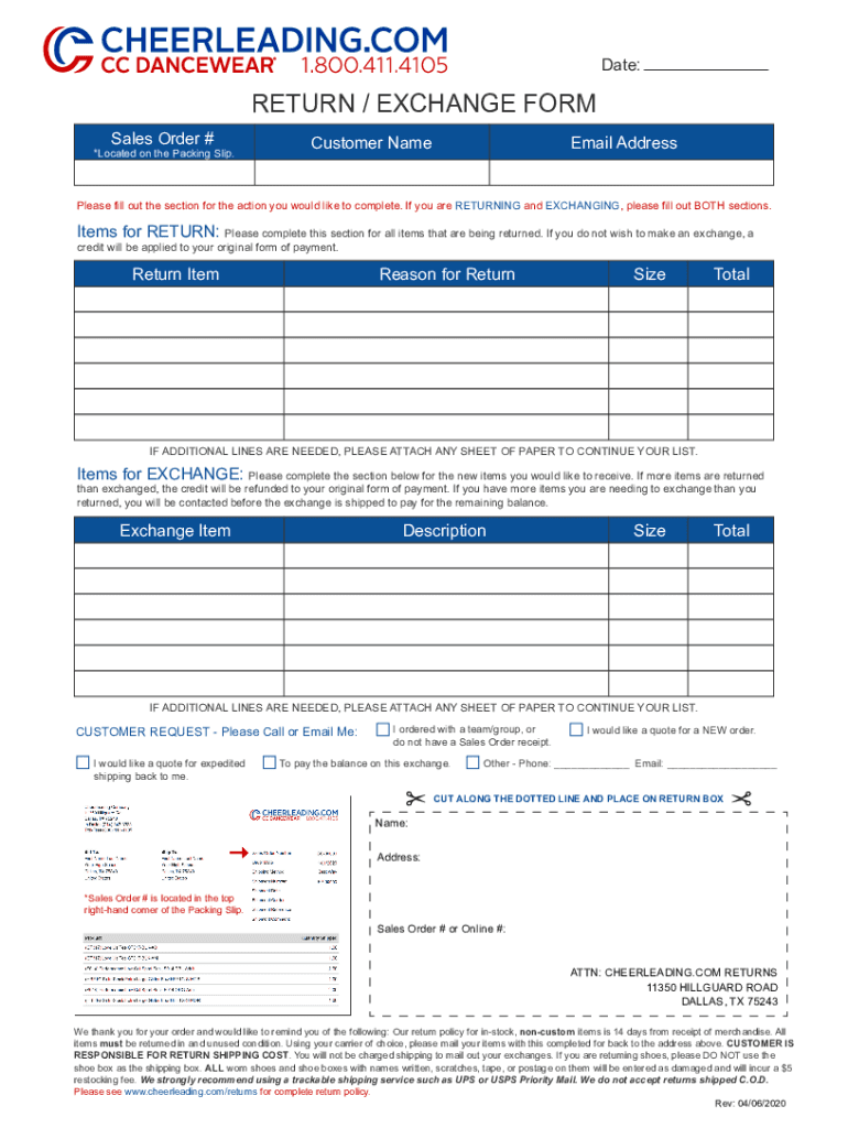 Fillable Online RETURN / EXCHANGE FORM - Cheerleading.com Fax Email ...