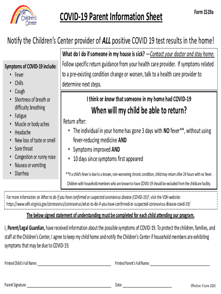 Fillable Online COVID-19 Parent Information Sheet - The Children's ...