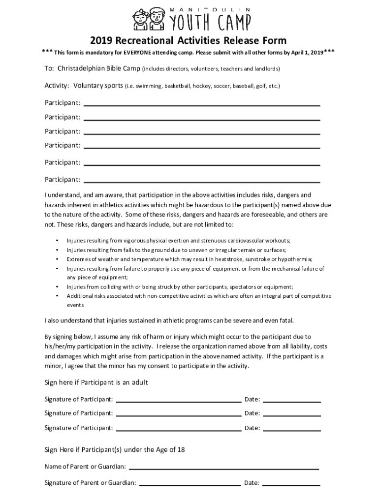 Fillable Online Recreational Activities Release Form Fax Email Print ...