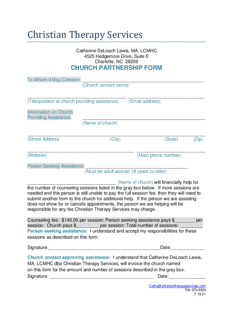 Fillable Online Church Partnership Form - Christian Therapy Services ...