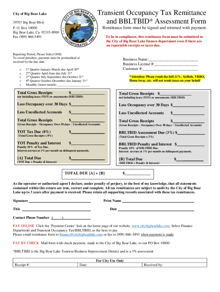 Fillable Online Transient Occupancy Tax Remittance ... - City of Big ...