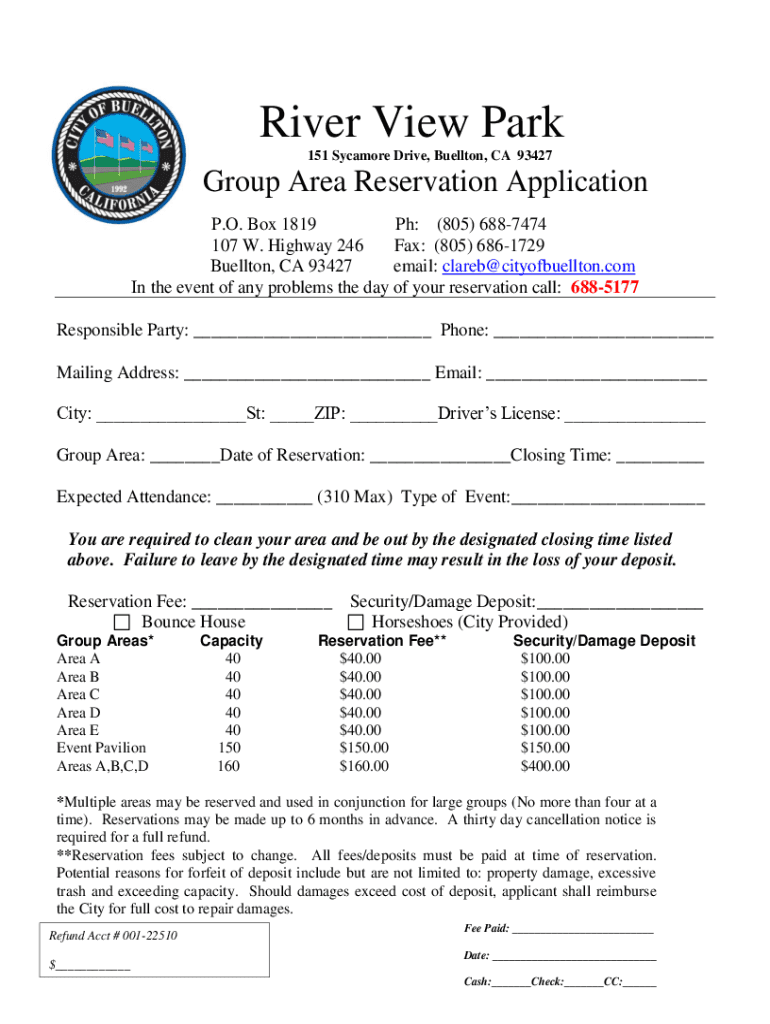Fillable Online River View Park Reservation Application - Buellton ...