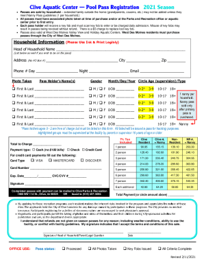 Fillable Online Clive Aquatic Center Pass Registration Form Fax Email ...