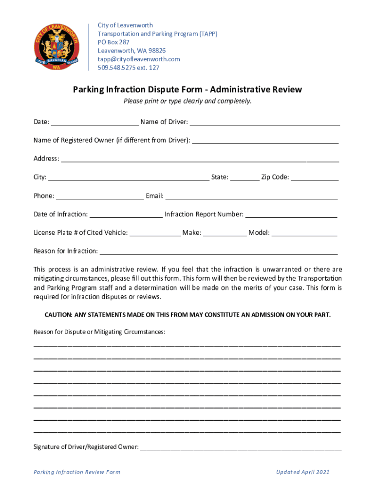 Fillable Online Form - City of Leavenworth - Parking Infraction Review ...