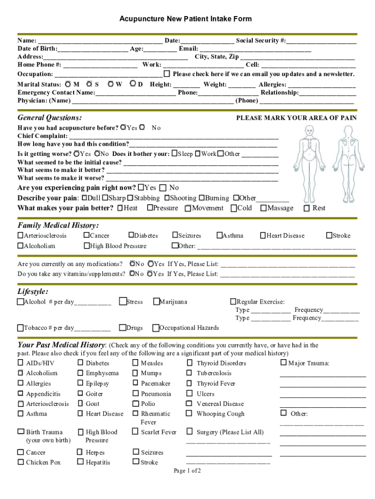 Fillable Online Acupuncture New Patient Intake Form New Patient Intake ...