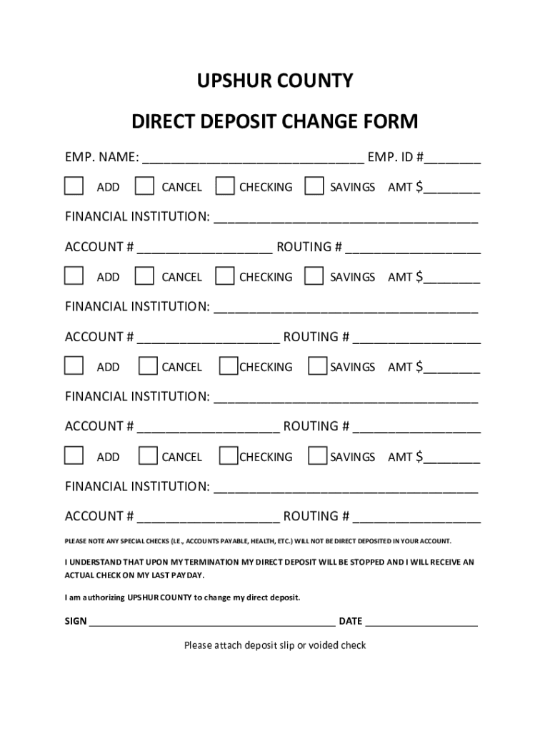 Fillable Online UPSHUR COUNTY DIRECT DEPOSIT CHANGE FORM Fax Email ...