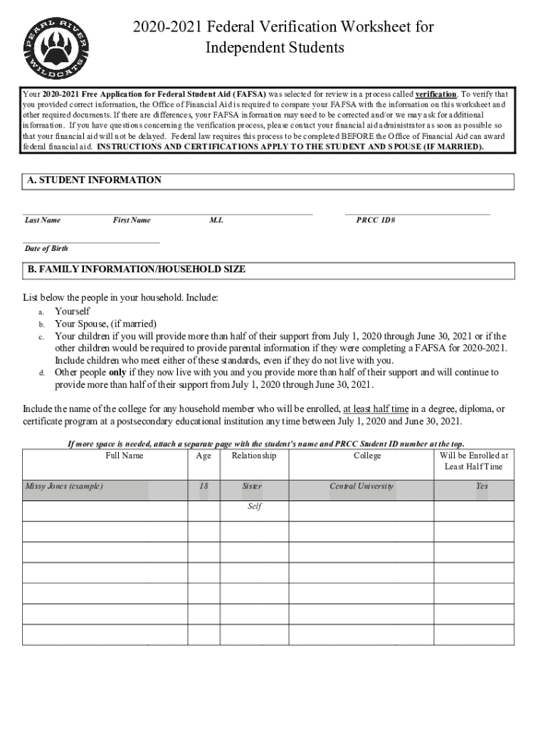 Fillable Online 2020-2021 Federal Verification Worksheet for ...